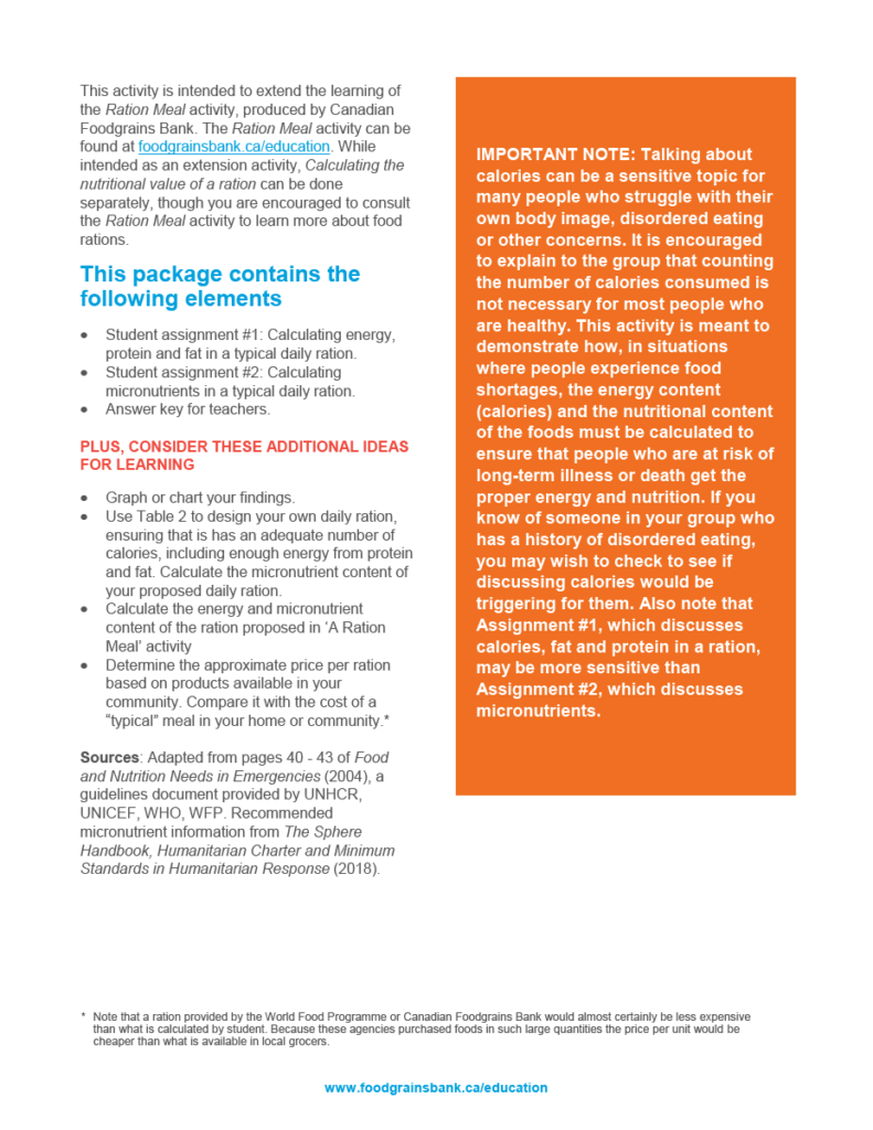 Calculating the nutritional value of a ration | Canadian Foodgrains Bank